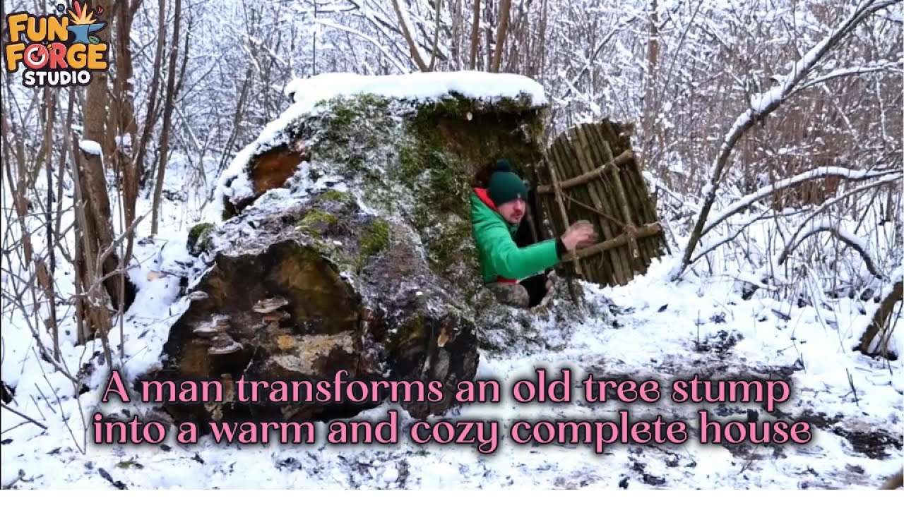 A man transforms an old tree stump into a warm and cozy complete house ...
