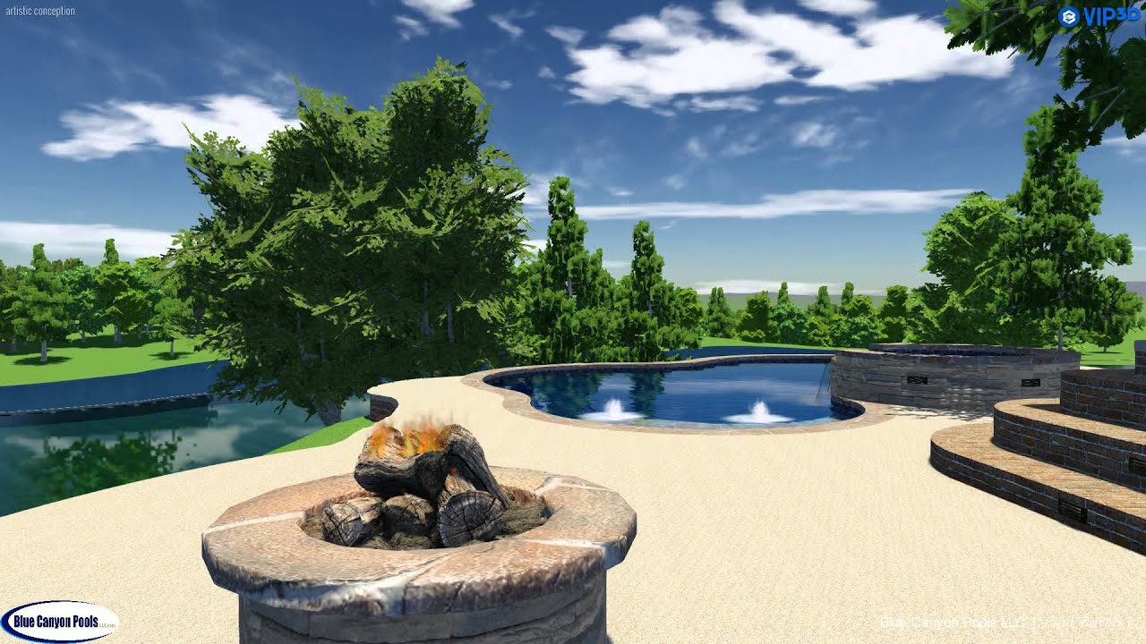 Pool next to pond with Spa and firepit - YouTube