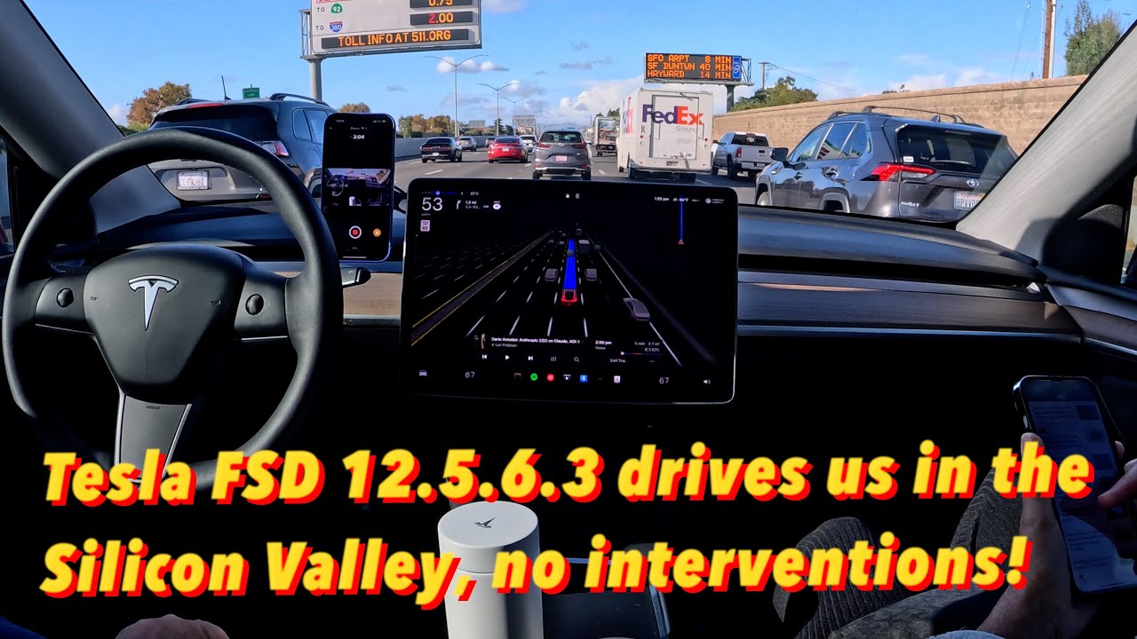 Tesla full self-driving (FSD) 12.5.6.3 drives us in the Silicon Valley ...