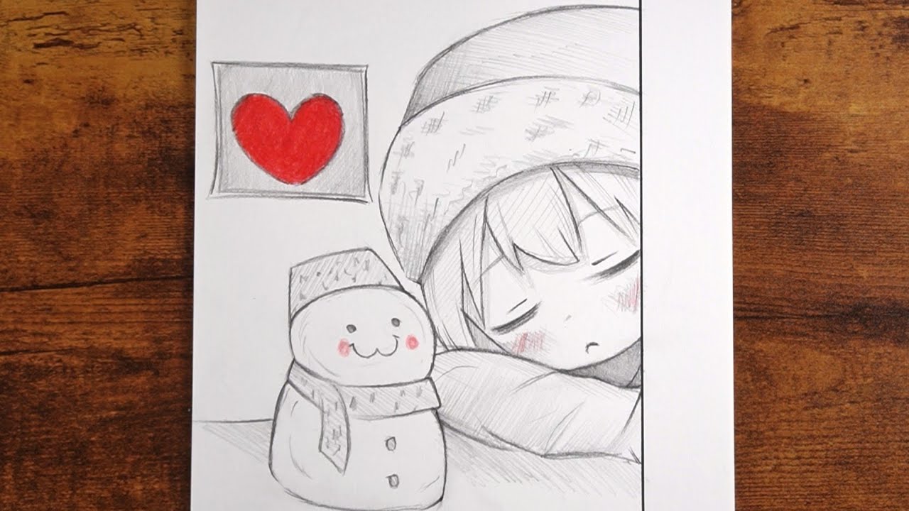 Cute Winter Anime Sketch: Sleeping Girl & Snowman | Cozy Snowy Drawing ...
