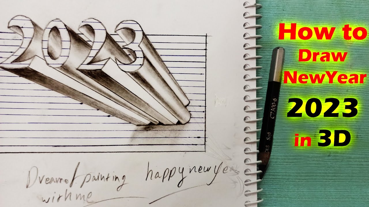 How to draw The New Year 2023 in 3D / with training and description ...