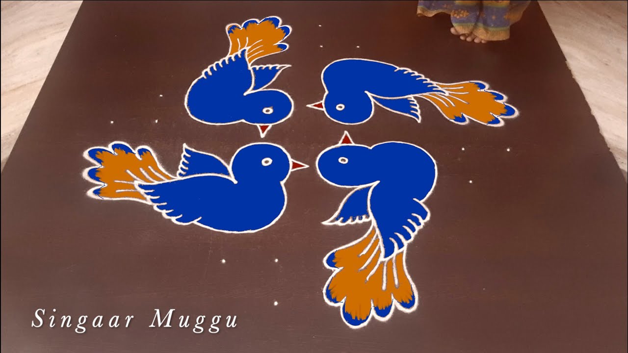 Birds rangoli design 10X2 dots | Birds muggulu | Bird kolam | Chukkala ...
