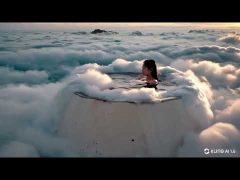Beautiful Japanese girl in an onsen among the clouds