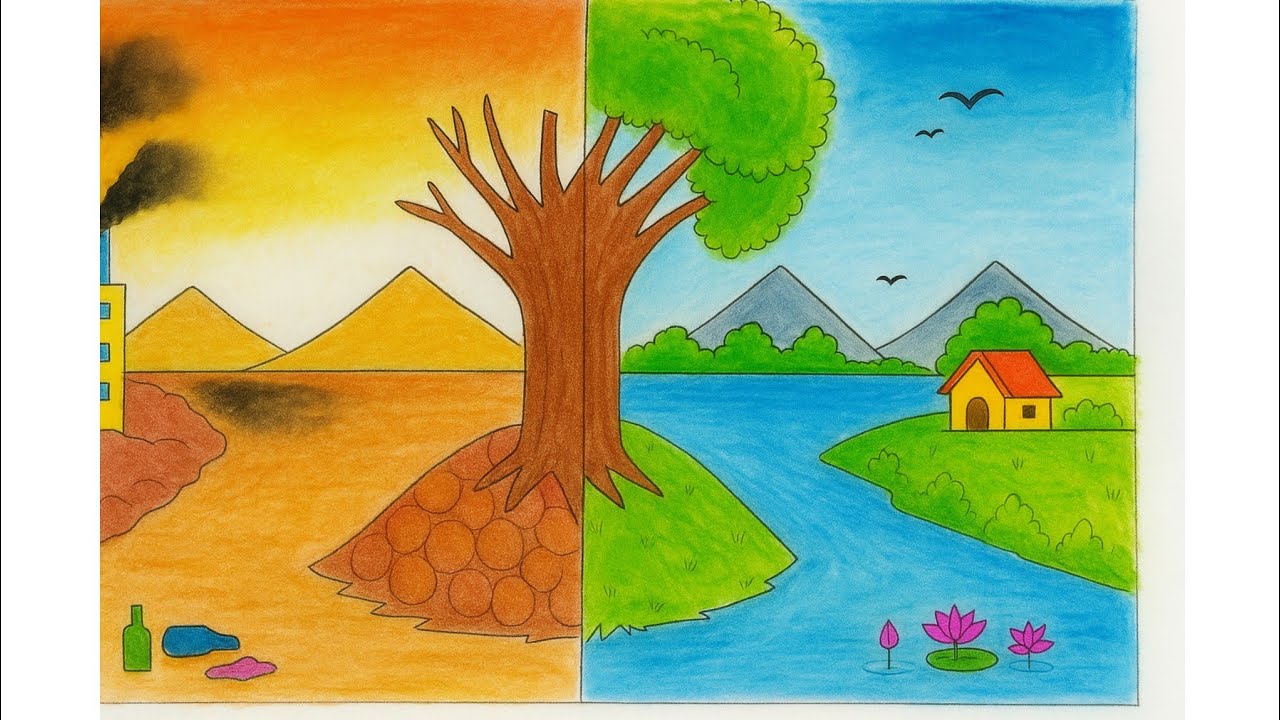 "Save Nature Drawing | Nature vs Pollution Art | Environmental ...