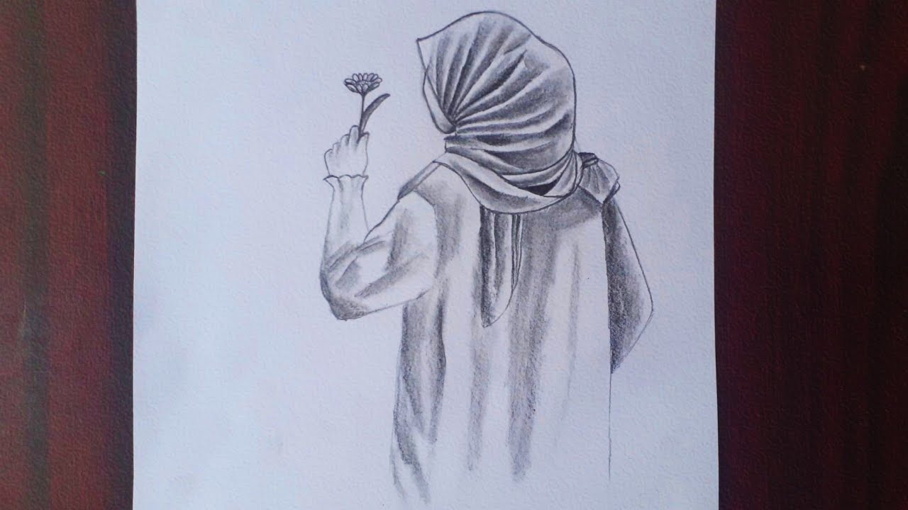 A girl backside drawing with hijab // A girl with hijab - pencil sketch ...