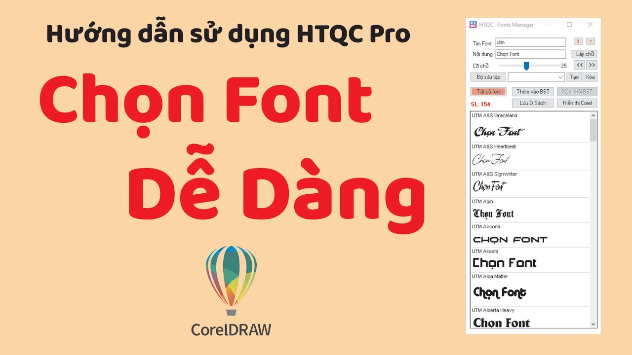 001. Chọn, quản lý Font chữ nhanh trên CorelDRAW bằng phần mềm HTQC Pro ...