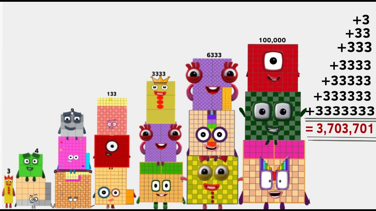 Numberblocks combine become values +3 to +3333333 and total plus value ...