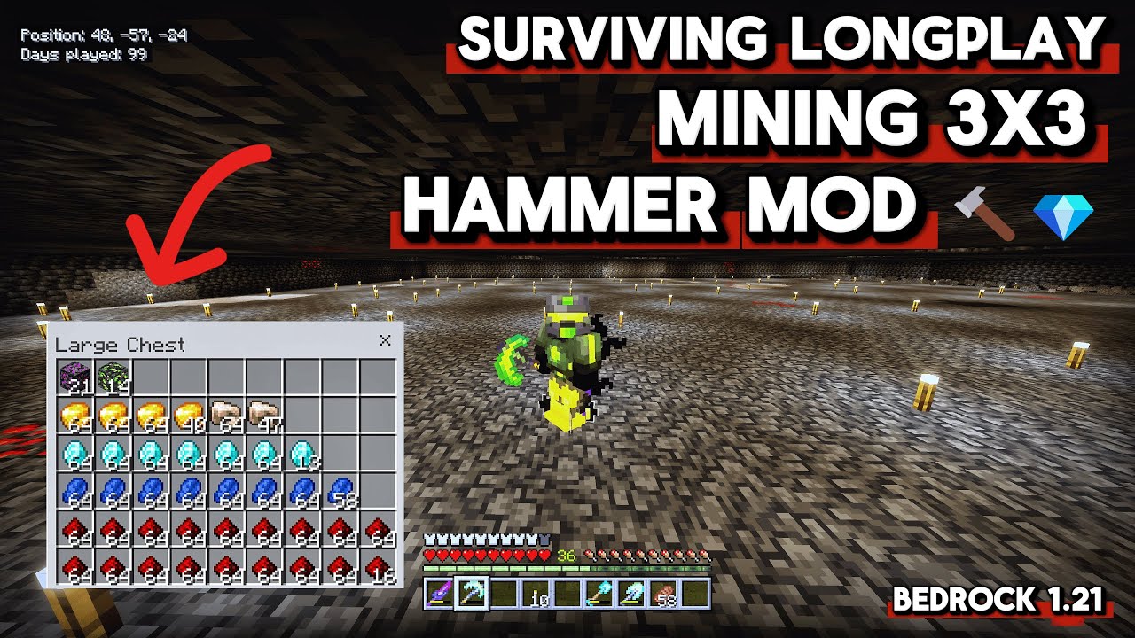 Mining 3x3 with Hammer Mod 🔨💎 p10 | Minecraft Bedrock Solo Survival (No ...