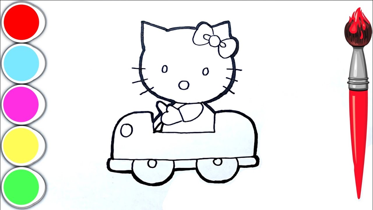 DRAWING AND COLORING HELLO KITTY DRIVE THE CAR FOR KIDS - YouTube