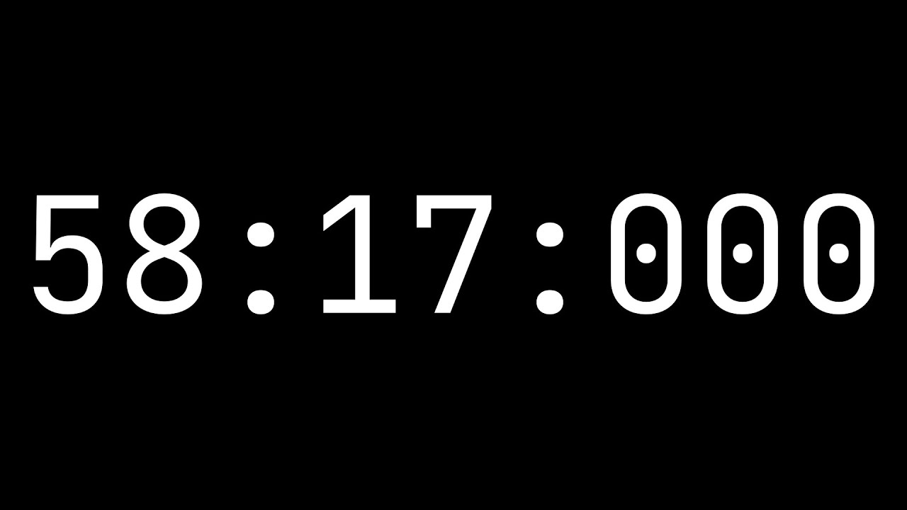 Countdown timer 58 minutes, 17 seconds [58:17:000] - White on black ...