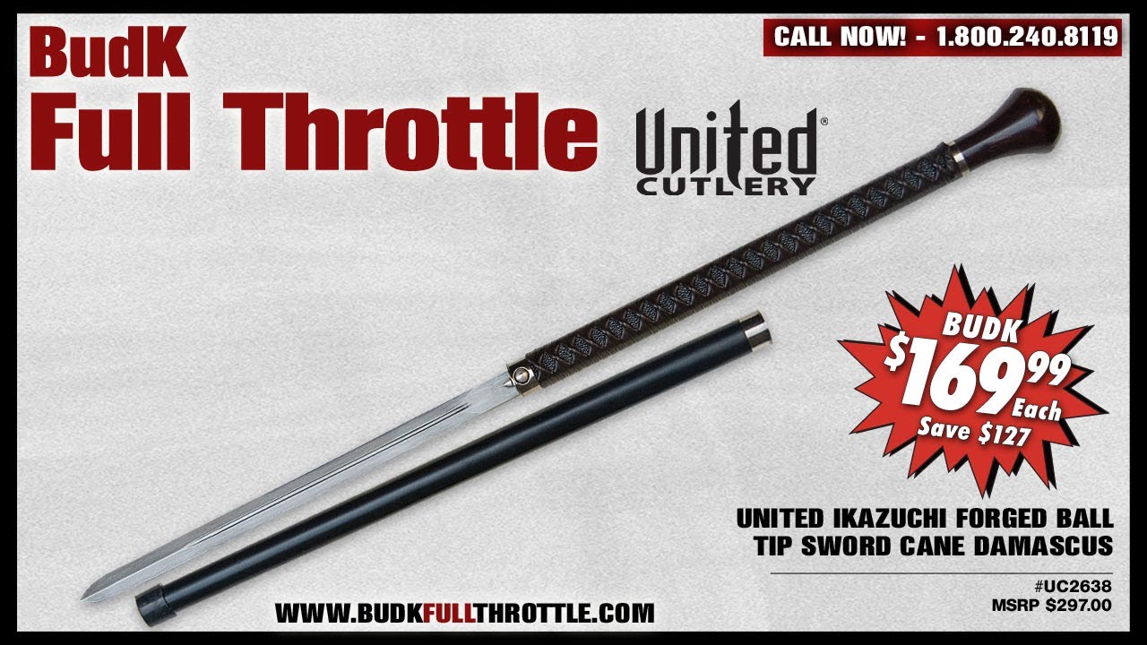 United Ikazuchi Forged Ball Tip Sword Cane Damascus - YouTube