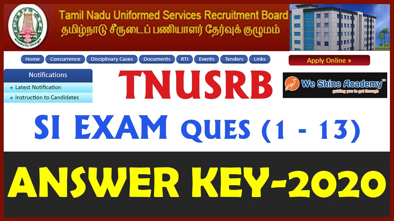 TNUSRB SI Exam Answer Key 2020 | Question 1 to 13 | Police Exam | We ...