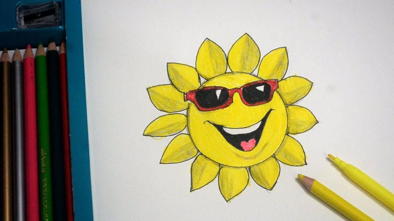 Smiling Sun Cartoon with glasses drawing easy || How to Draw Cute Sun ...