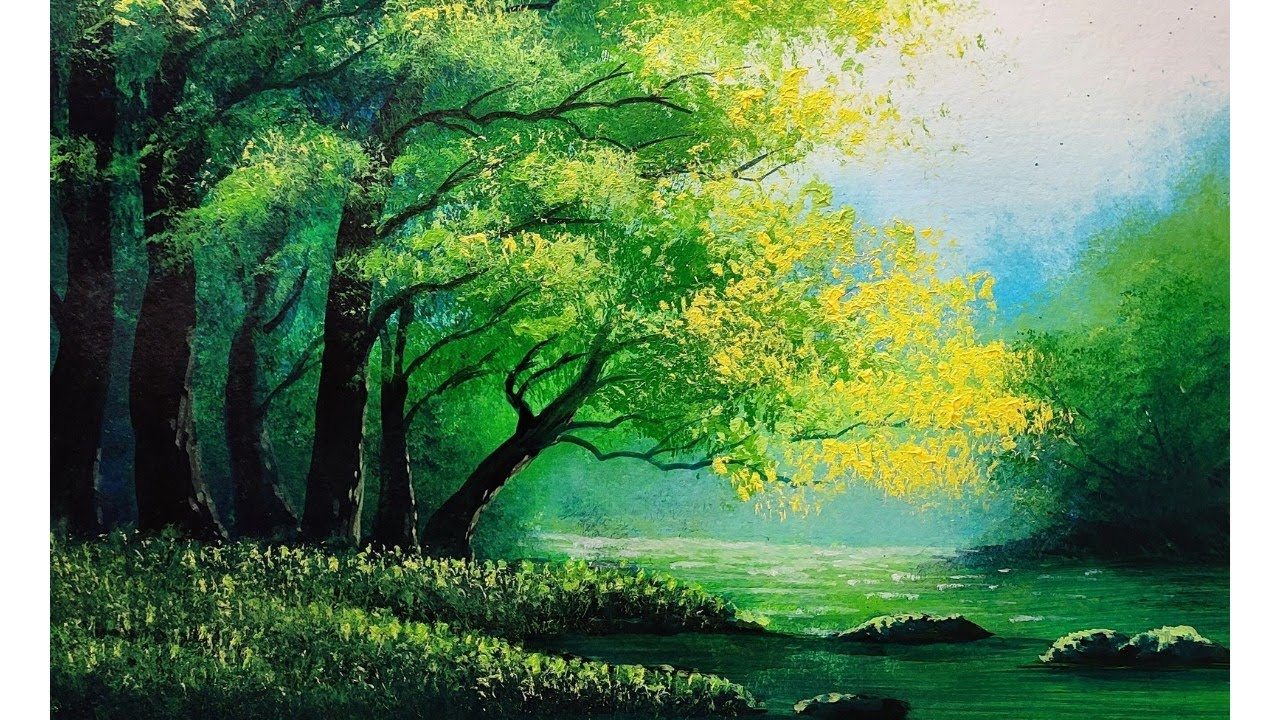Forest scenery - Acrylic painting (only colors) - YouTube