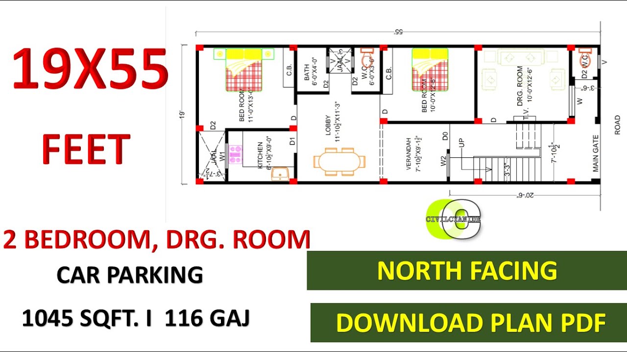 19X55 Feet North Facing House Plan II Standard Size Bedrooms II ...