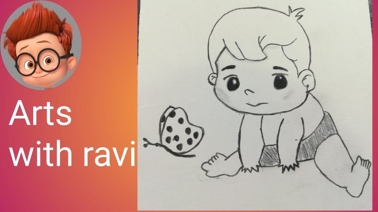Cute Baby With Butterfly || Cute Baby Drawing || Easy cute baby drawing ...