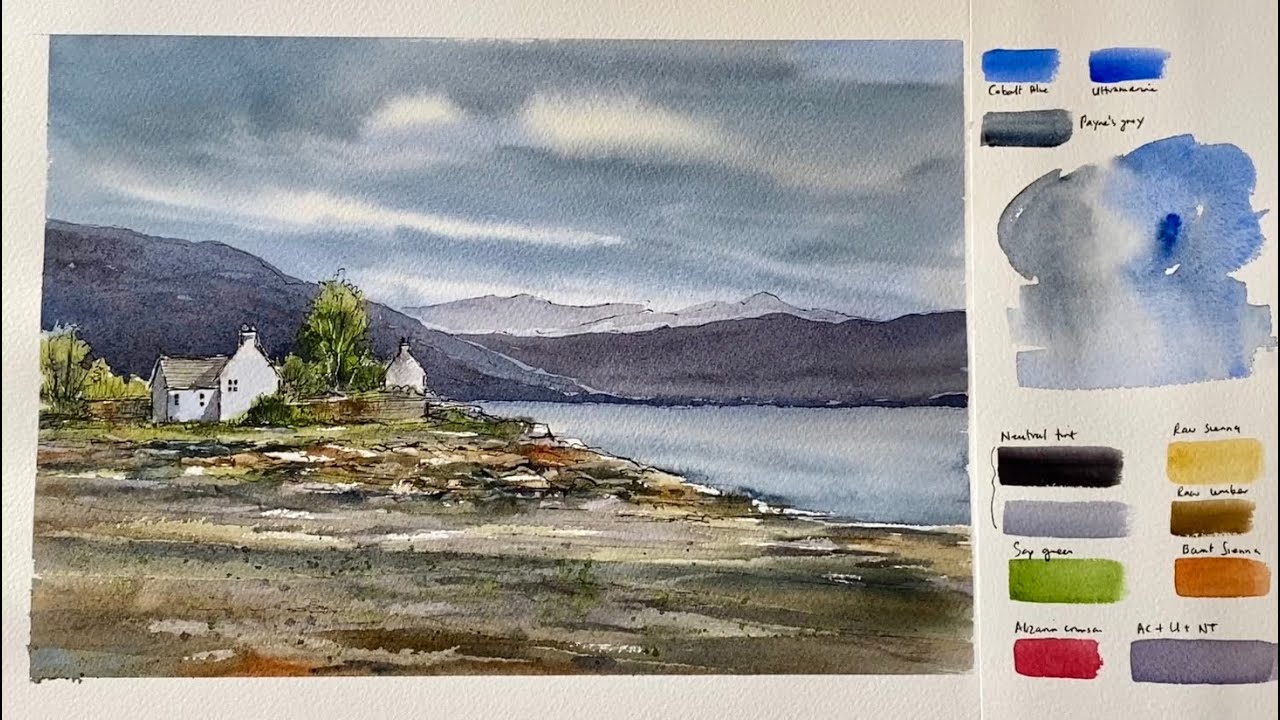 BEGINNERS Watercolor SCOTTISH LOCH Lake Watercolour LINE & WASH Loose ...
