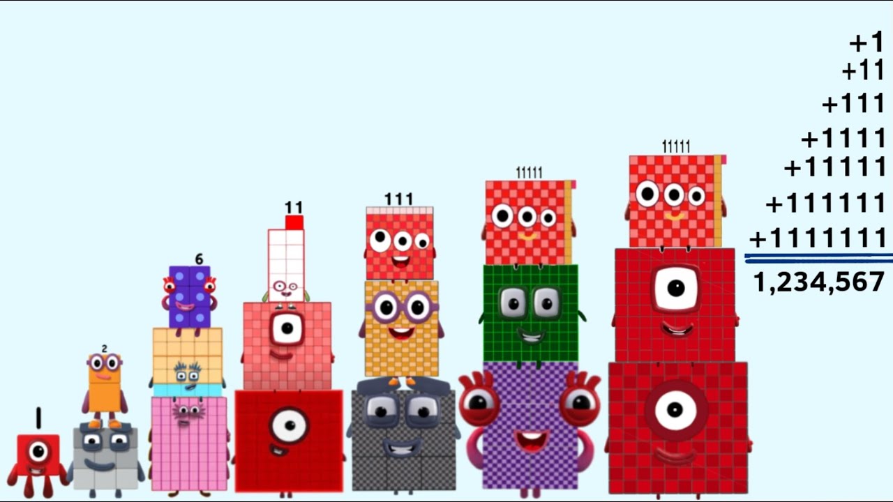Numberblocks combine become values +1 to +1111111 and total plus value ...