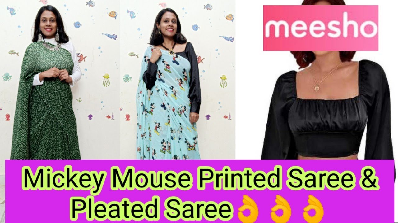 Mickey Mouse Printed Saree On Meesho || Pleated Saree On Meesho - YouTube