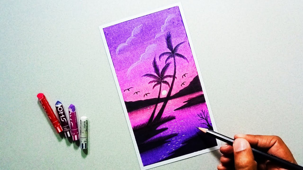 Violet Color Sunset Scenery Drawing || Easy Drawing for Beginners ...