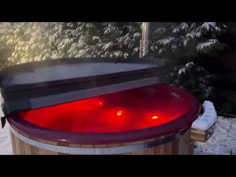 Wood Fired Hot Tubs - Red Canadian Cedar exterior with Pearl Red interior. Amber Hot Tubs