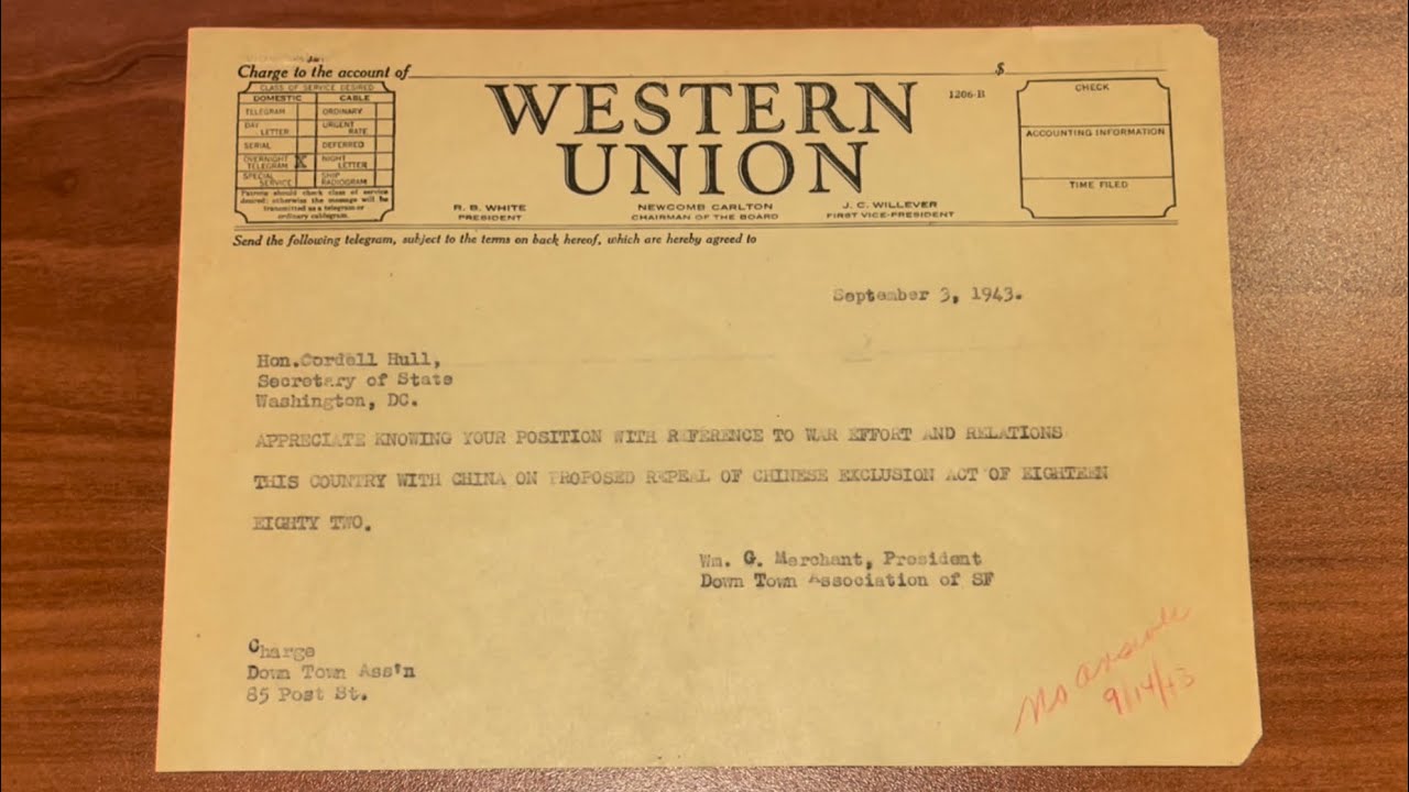WW2 Telegram to US Secretary of State - 1943 Repeal of Chinese ...