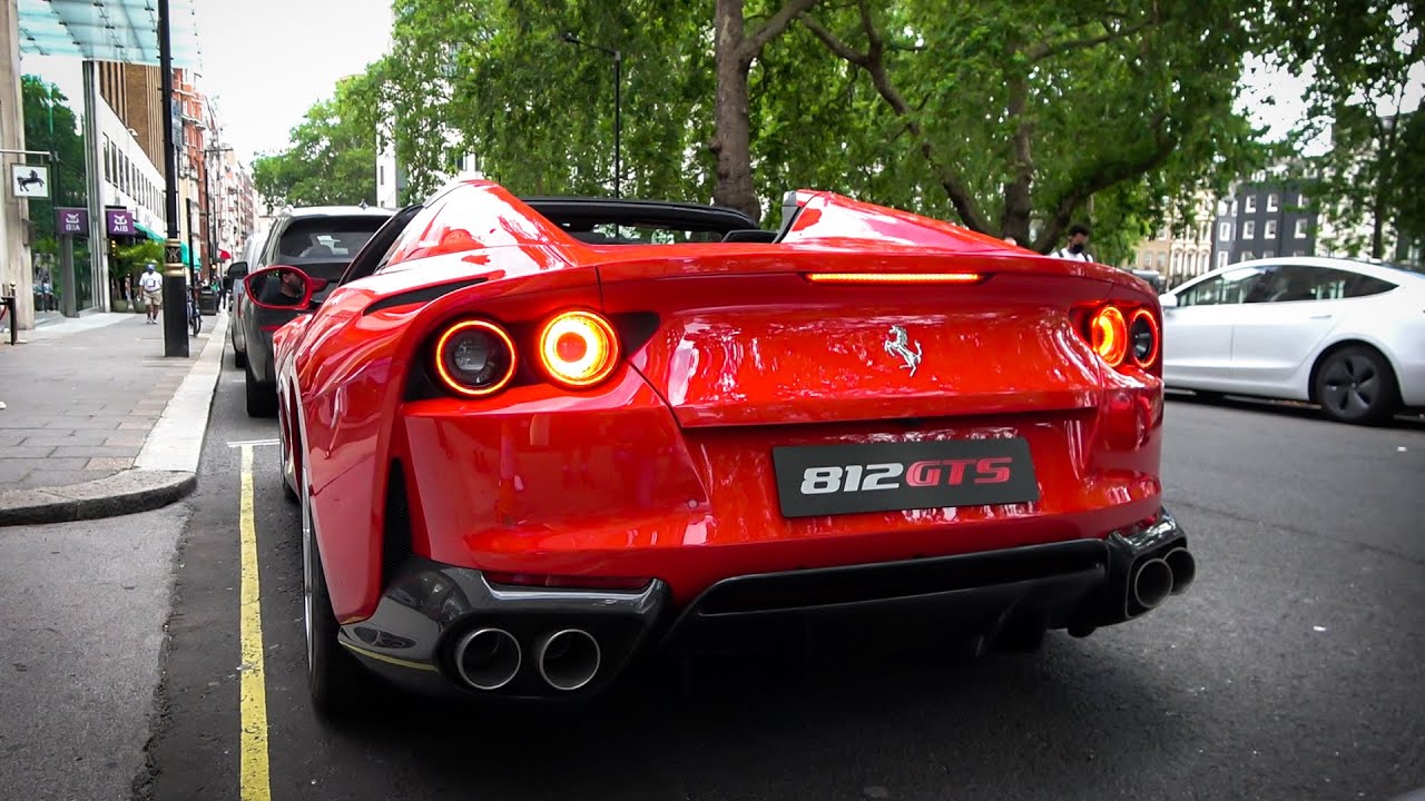 Ferrari 812 GTS Start UP, REVS and driving scenes around Central London ...