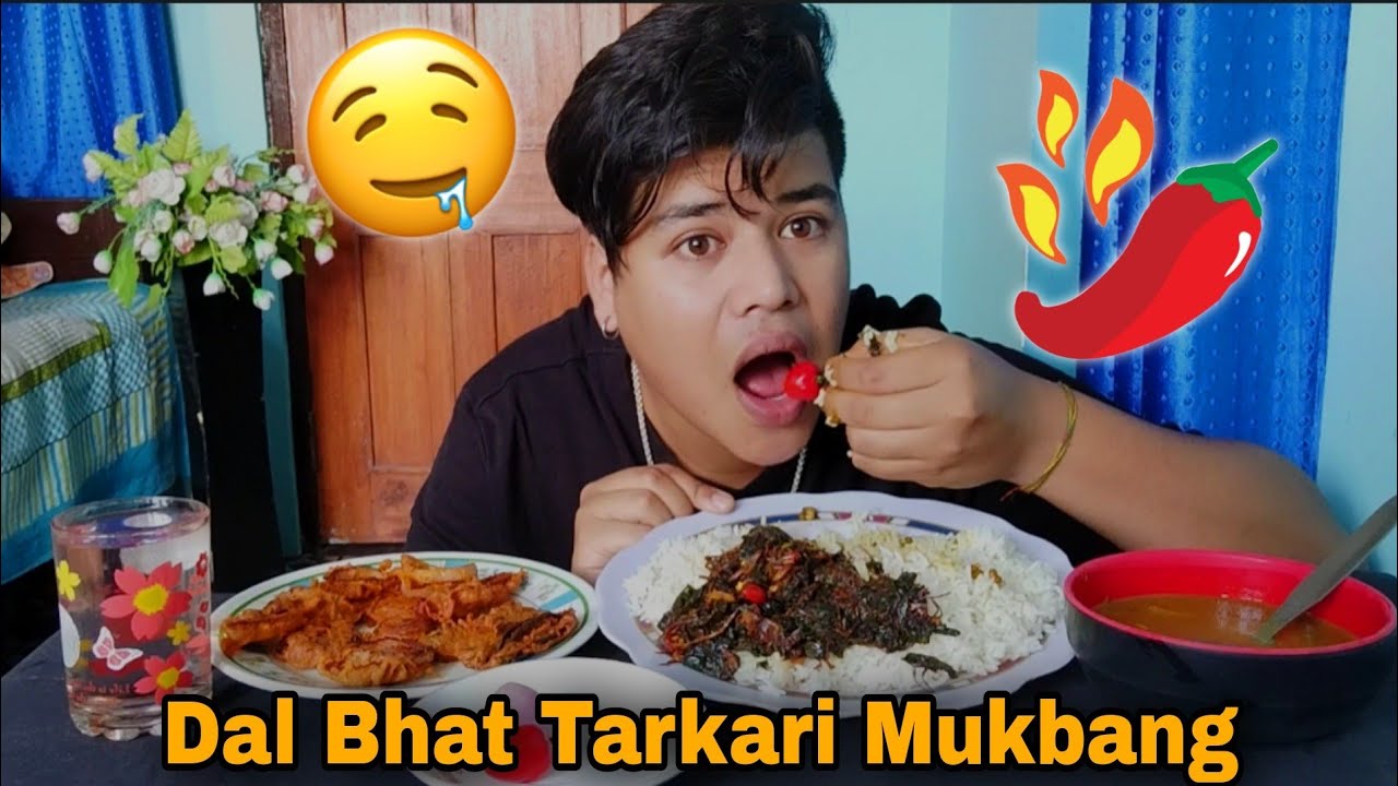 Rato saag kalo dal bhat dalle khursani nepali mukbang 2022 - YouTube