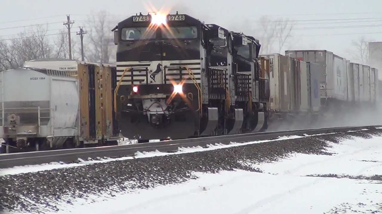NS 9748 trio of Norfolk Southern locomotives highball Bryan Ohio - YouTube