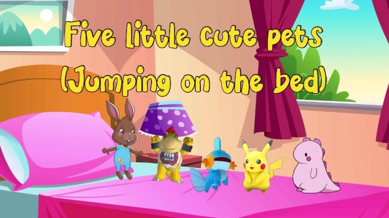Five little monkeys (cute pets) jumping on the bed! Sing along with ...