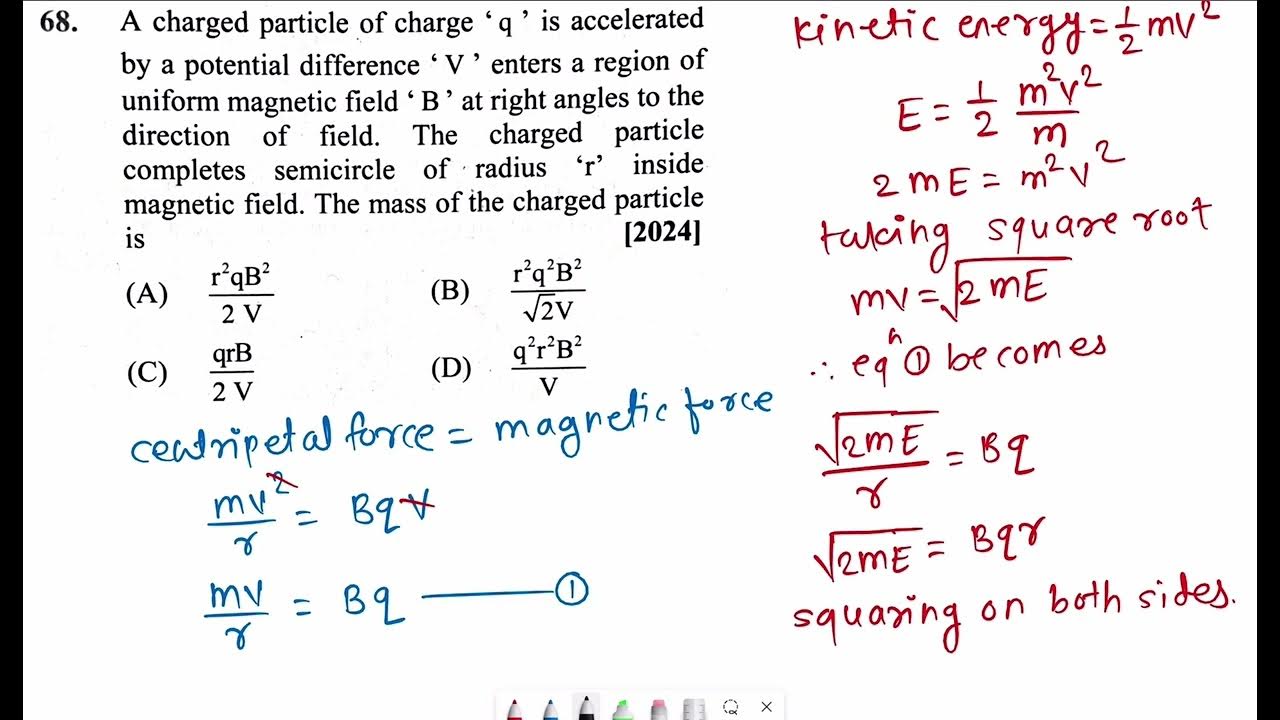 68. A charged particle of charge 'q' is accelerated by a potential difference 'V' enters a ...