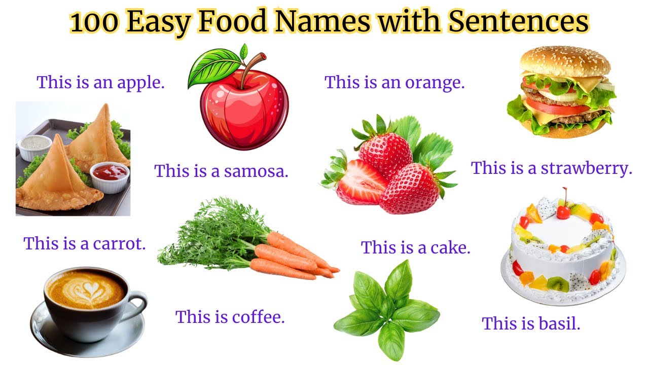 Learn 100 Easy Food Names with Sentences | Beginner English for Kids ...