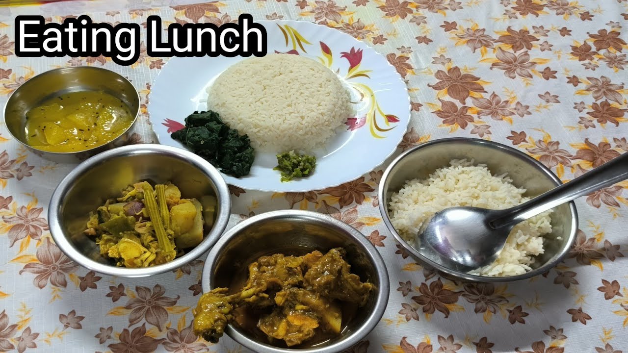 Eating Lunch With Chicken Curry, Jute leaf Boil Chilli Paste ,Mix Veg ...