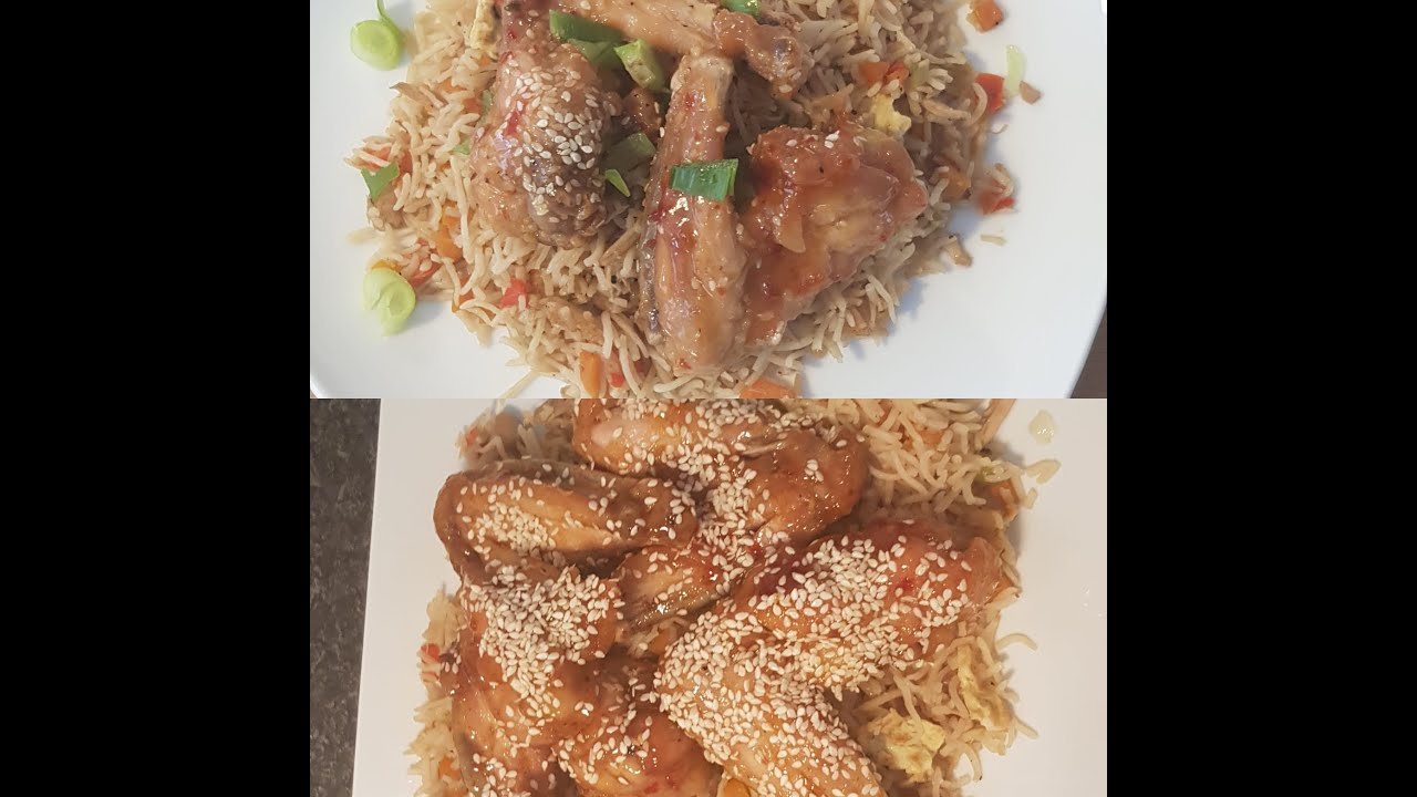 Egg fried rice with sticky chicken wings - YouTube