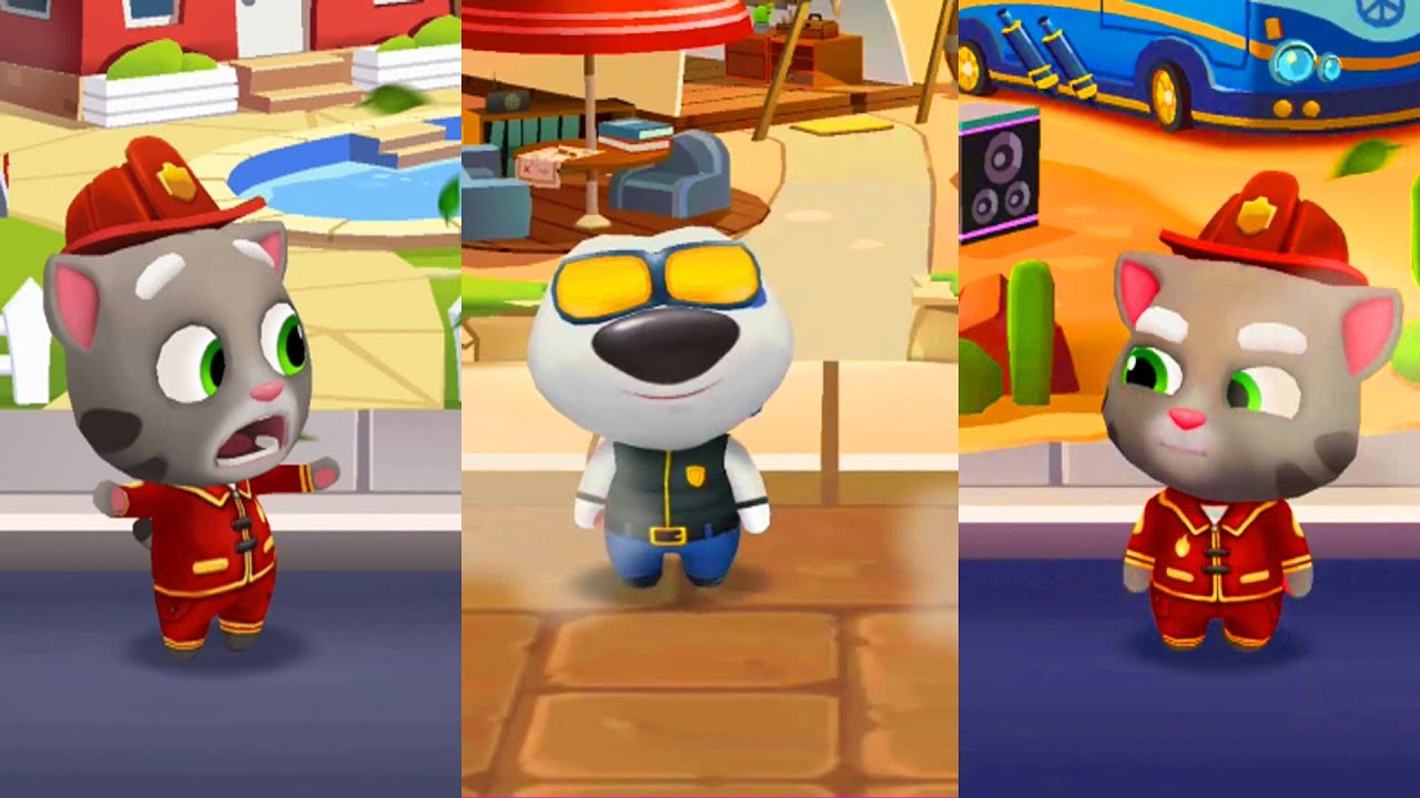Talking Tom Gold Run Fireman Tom Vs Deputy Hank With Raccoon Fight Youtube