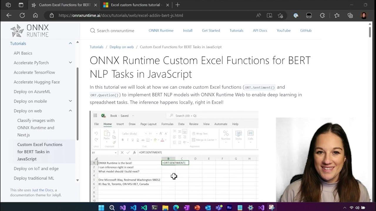 Custom Excel Functions Plugin for BERT NLP Tasks in JavaScript with ONNX Runtime - YouTube