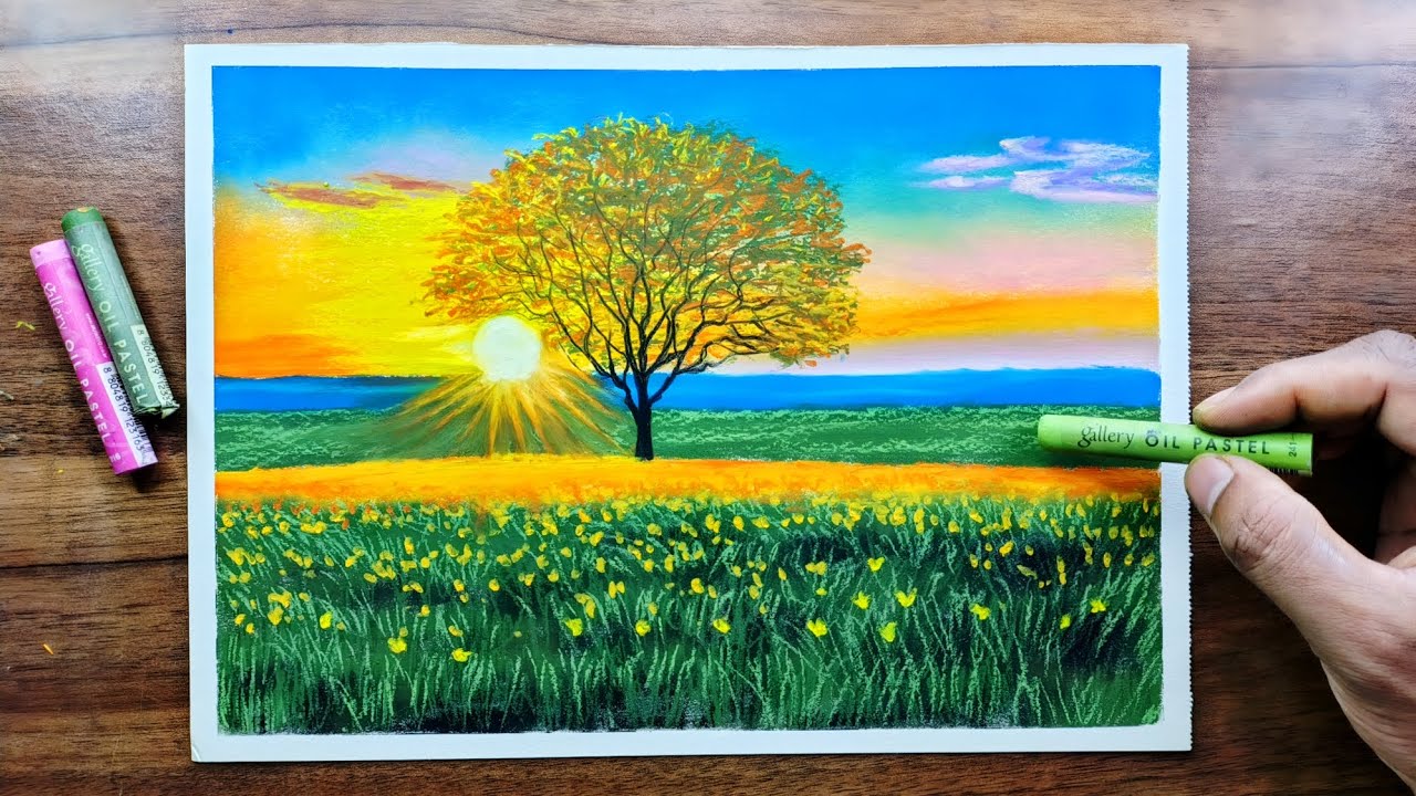 Dawn in the flower garden - Sunrise drawing with oil pastels - Easy ...