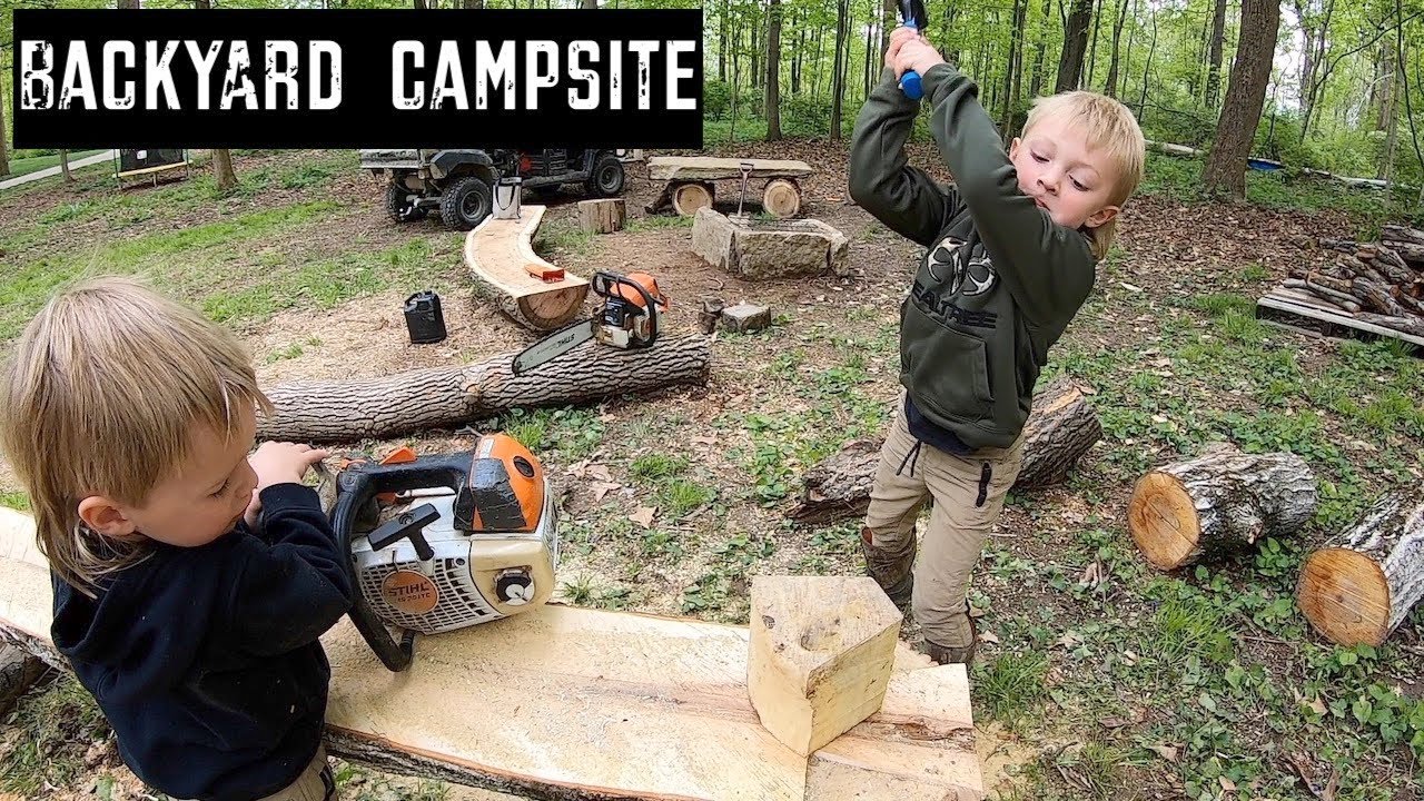 Building Backyard Campsite | Fire Pit & Log Benches - YouTube