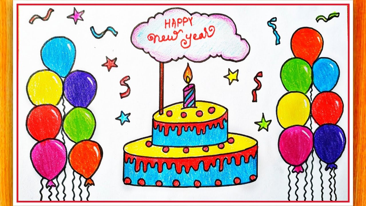 VERY EASY Card Drawing For Kids|Happy New Year Drawing|Happy New Year ...