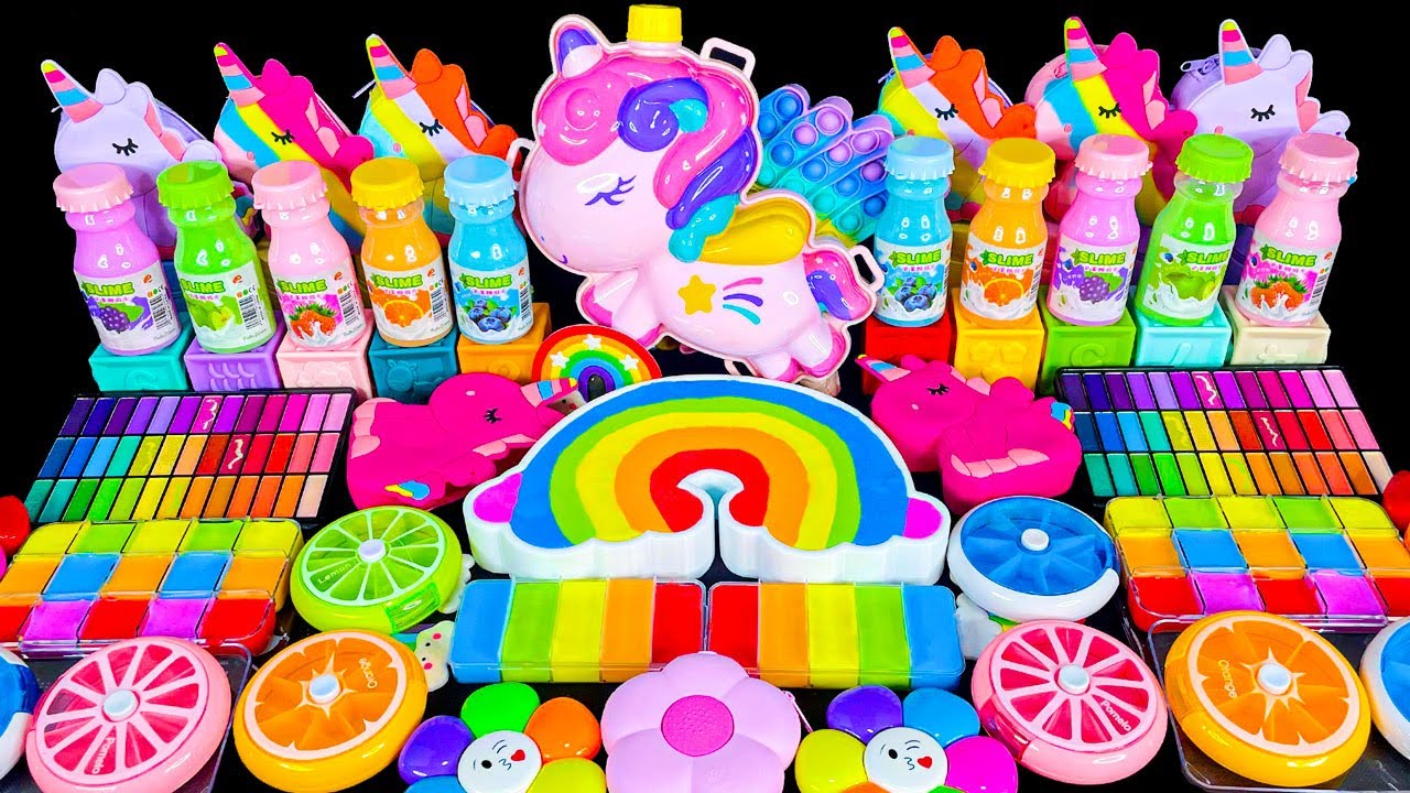 Mixing Random Into Glossy Slime | Unicorn Rainbow Slime Mixing Random ...
