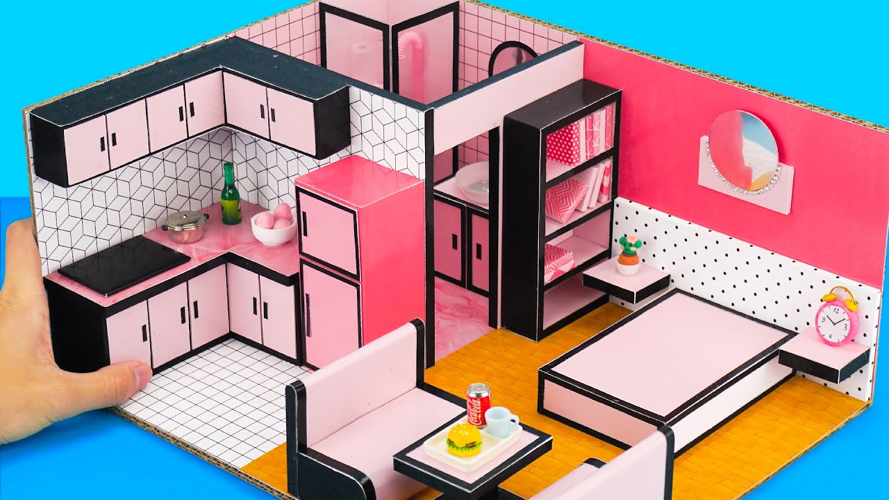 DIY Miniature Cardboard House #29 BLACK vs PINK Bathroom, Bedroom ...