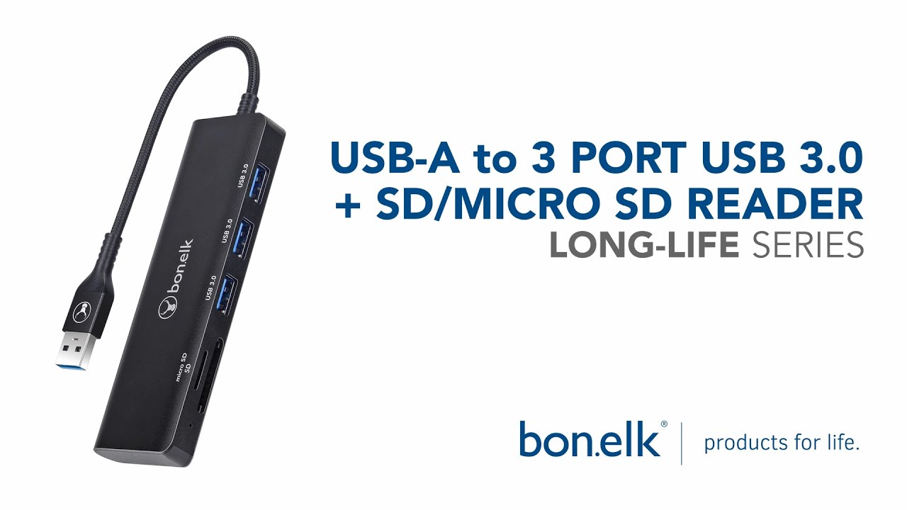 Bonelk Long-Life USB-A to 3 Port USB 3.0 + SD/Micro SD Reader - Black ...