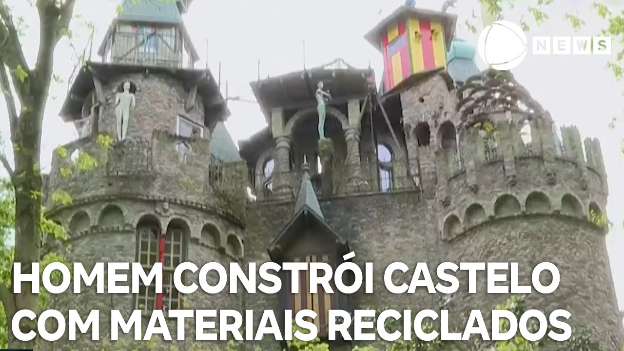 Homem constrói castelo em jardim com materiais reciclados - YouTube