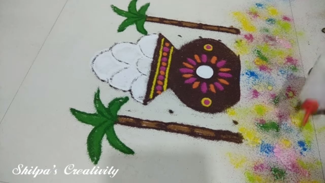 PONGAL RANGOLI sankranti 2018 pongal pot kolam easy pongal kolam ...