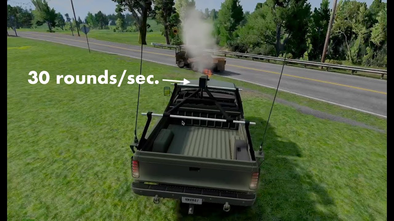 Soft body physics + VERY powerful machine gun explodes vehicles ...