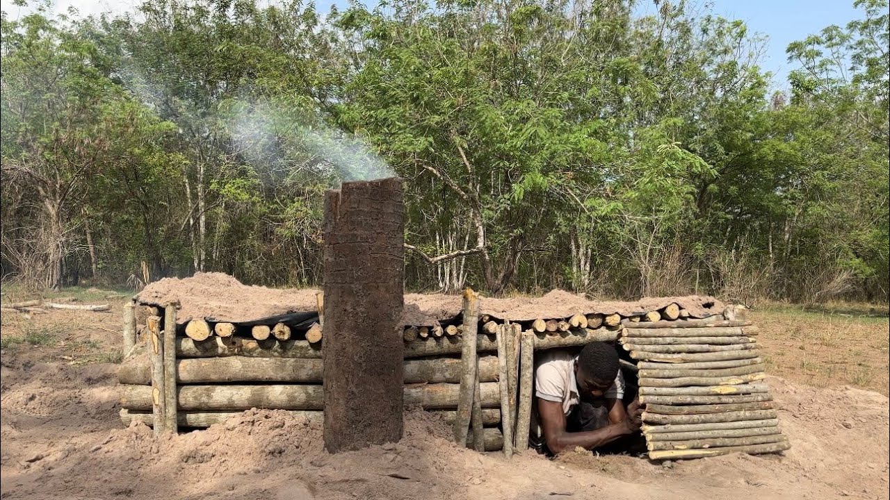 Building a Bushcraft Dugout Shelter With Cozy Fireplace Inside - YouTube