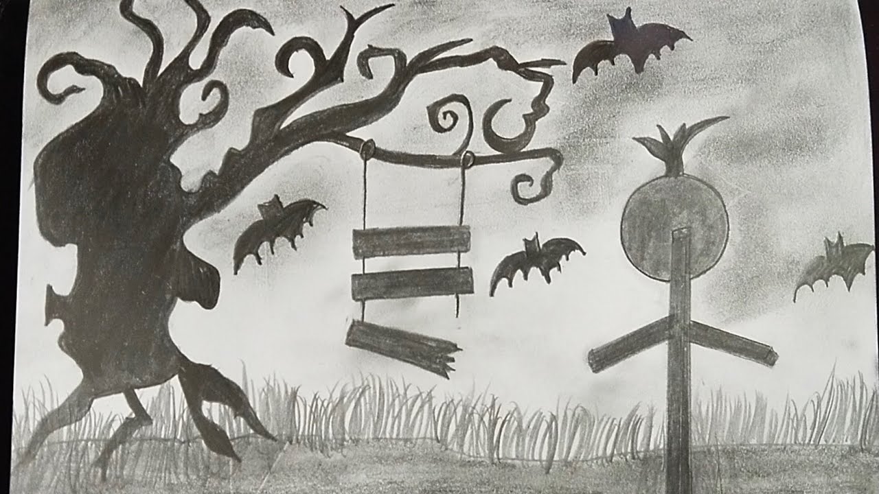 how to draw halloween scary garden scenery -pencil. - YouTube