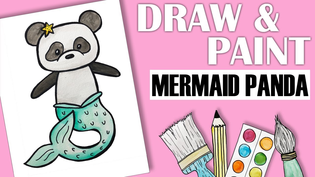 How to Draw and Paint a Panda Mermaid using Watercolors for Kids or ...