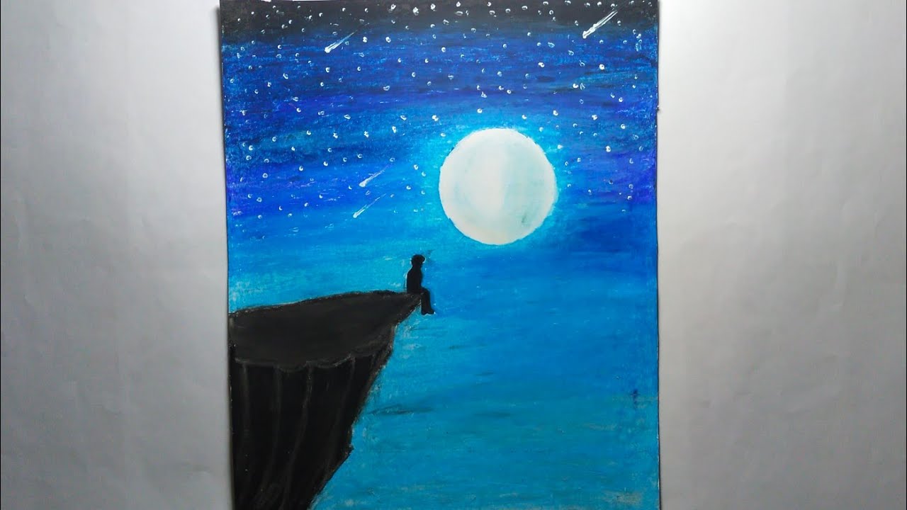 Moonlit night drawing with oil pastel //Easy moonlit night drawing ...