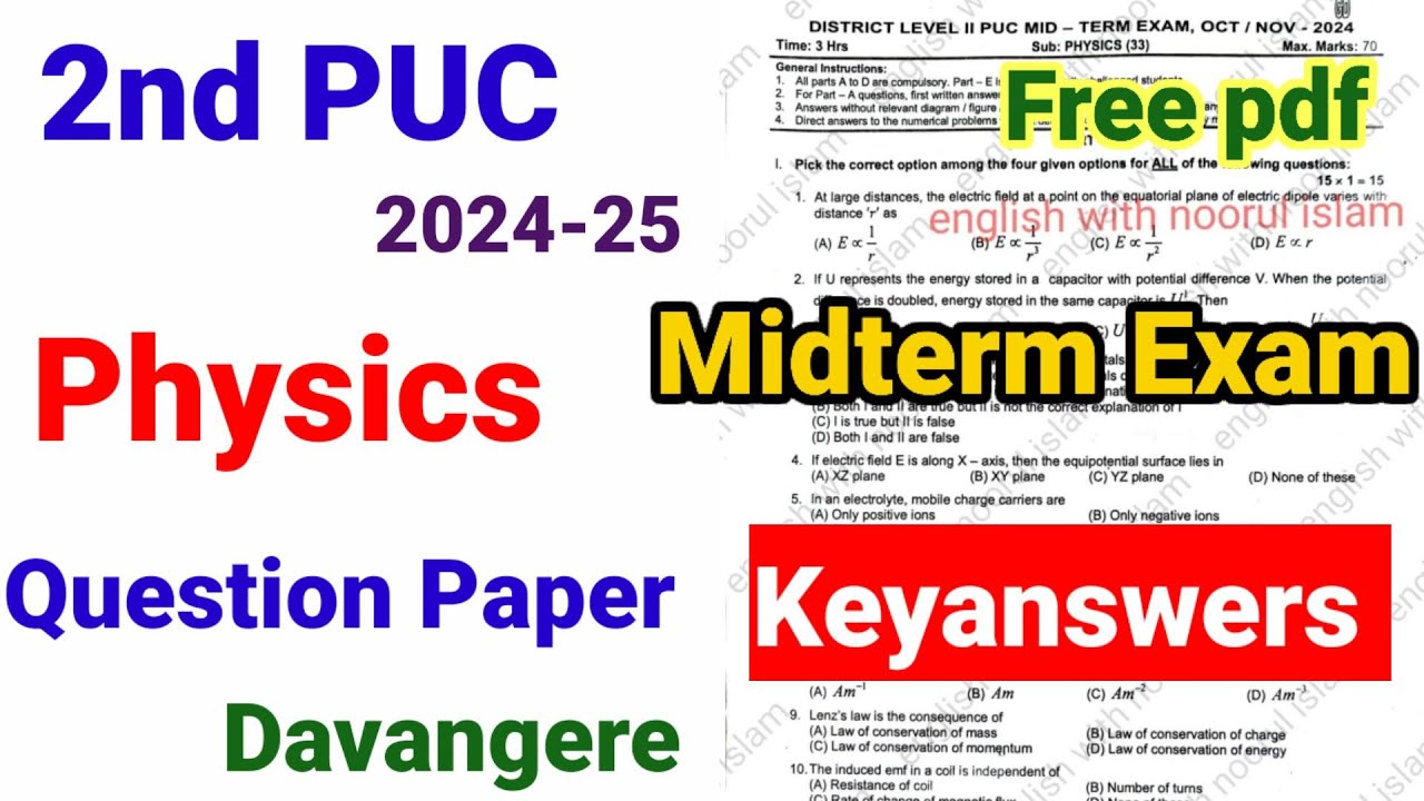 2nd PUC Physics Midterm Question Paper 2024 Keyanswers kseab - YouTube